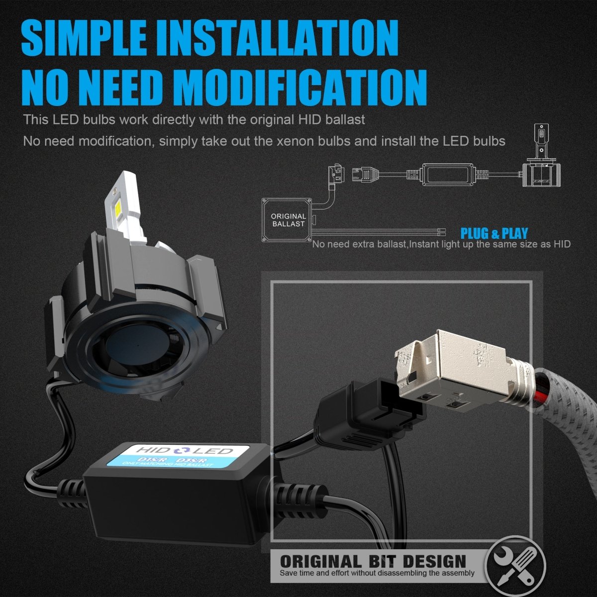 D1S D1R LED Headlights Bulbs, CANBUS Plug-N-Play Upgrade HID