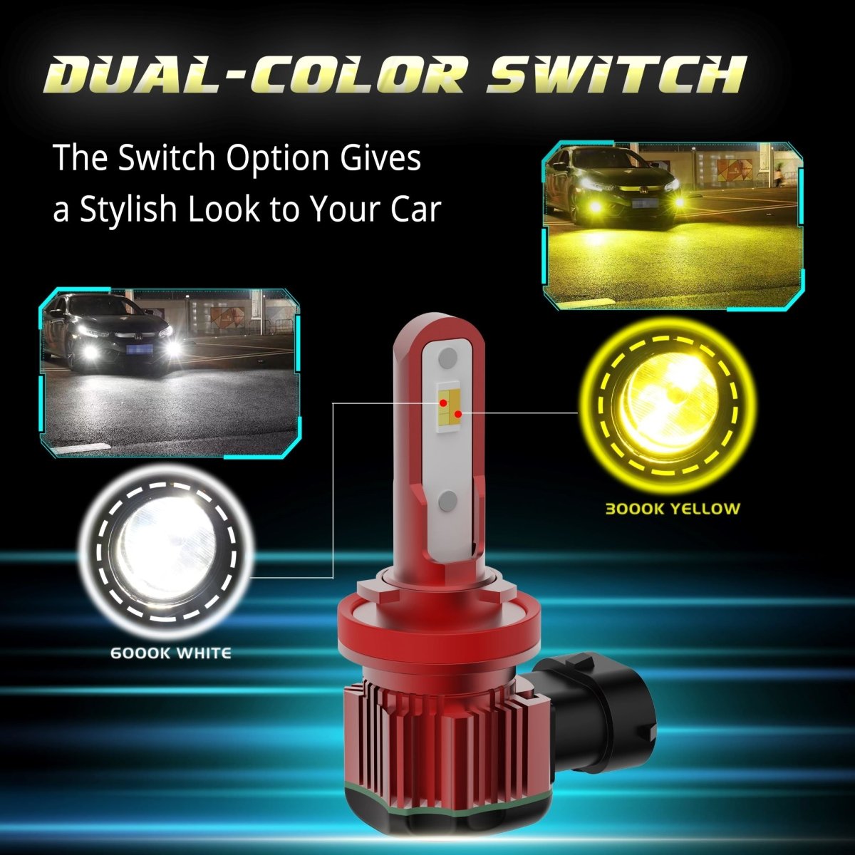 Dual-Color HB4 9006 Switchback LED Fog Lights Bulbs | 12V